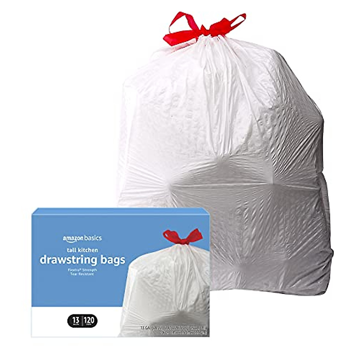 Amazon Basics Flextra Tall Kitchen Drawstring Trash Bags, 13 Gallon, 120 Count