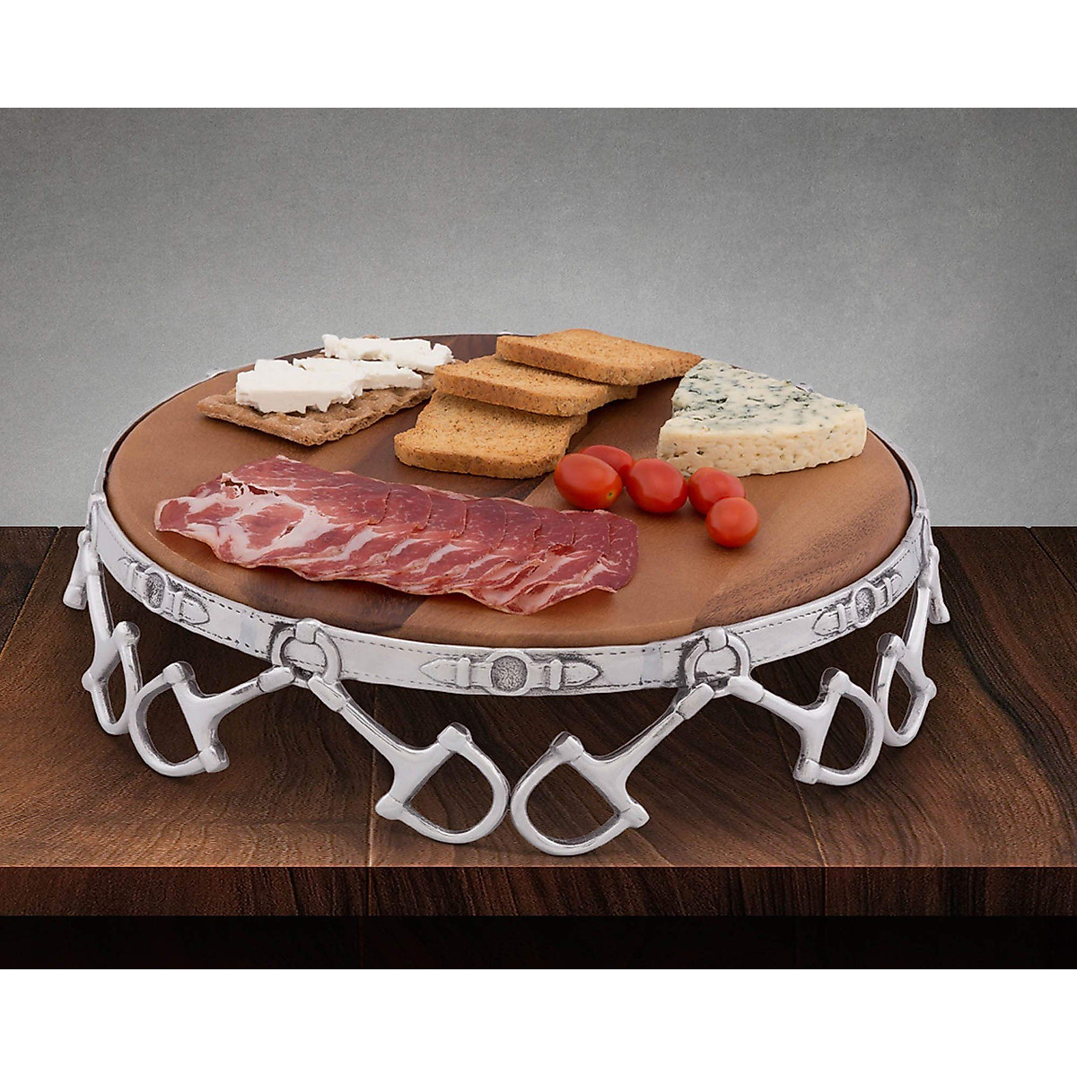 Arthur Court Aluminum Alloy Equestrian D-Ring Pattern Pedestal Cheese/Cake Stand with Removable Acacia Board 13 Inch Diameter