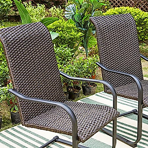 PHI VILLA Outdoor Patio C Spring Rattan Chairs, 4 Pieces High Back Wicker Dining Chair with Metal Frame for Patio, Deck, Porch - Brown
