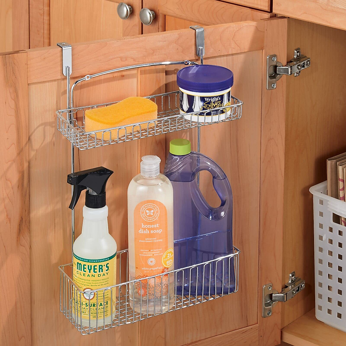 mDesign Steel Over Cabinet Kitchen Storage Organizer Holder or Basket - Hang Over Cabinet Doors in Kitchen, Pantry, Bathroom - Holds Dish Soap, Window Cleaner - Concerto Collection - Chrome