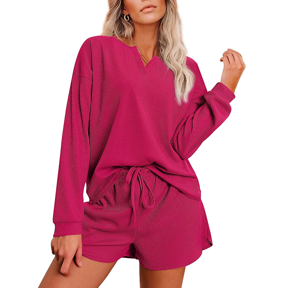 Ekouaer Lounge Sets for Women Waffle Knit Pajama Set Long Sleeve Top and Shorts Matching Loungewear S-XXL Rose