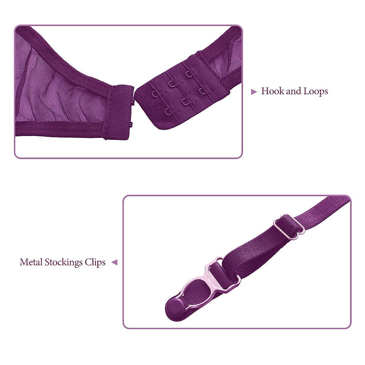 Lace Garter Belt Suspender Straps Sexy Sheer Mesh High Waisted Lingerie Panty Thong 4 Metal Clips for Thigh Hold up Tights (Purple)