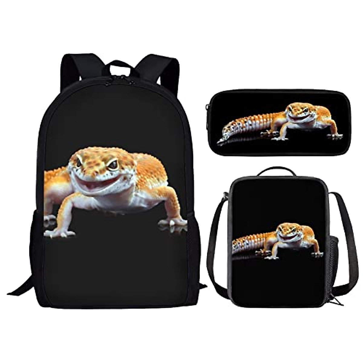 Modysero Large Capacity Boys Backpack Set Durable Lightweight Casual School Backpack for Teens Wild Animal Geckos Print Backpacks Reusable Portable Lunch Bag Girls Backpack for Elementary School
