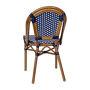 Flash Furniture Bordeaux Set of 2 Indoor/Outdoor Commercial Bistro Stack Chairs - Navy/White PE Rattan Back and Seat - Natural Bamboo Print Aluminum Frame