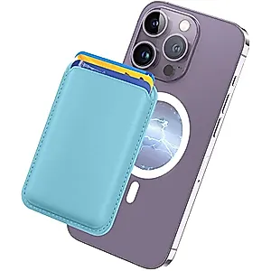 Magnetic Wallet Card Holder with Mag Safe, Mag-Safe Leather Phone Wallet for iPhone 14 13 12 Pro/Pro Max/Plus/Mini Mag Safe Case, Magnetic Card Holder for Back of iPhone 14/13/12 Series, Light Blue