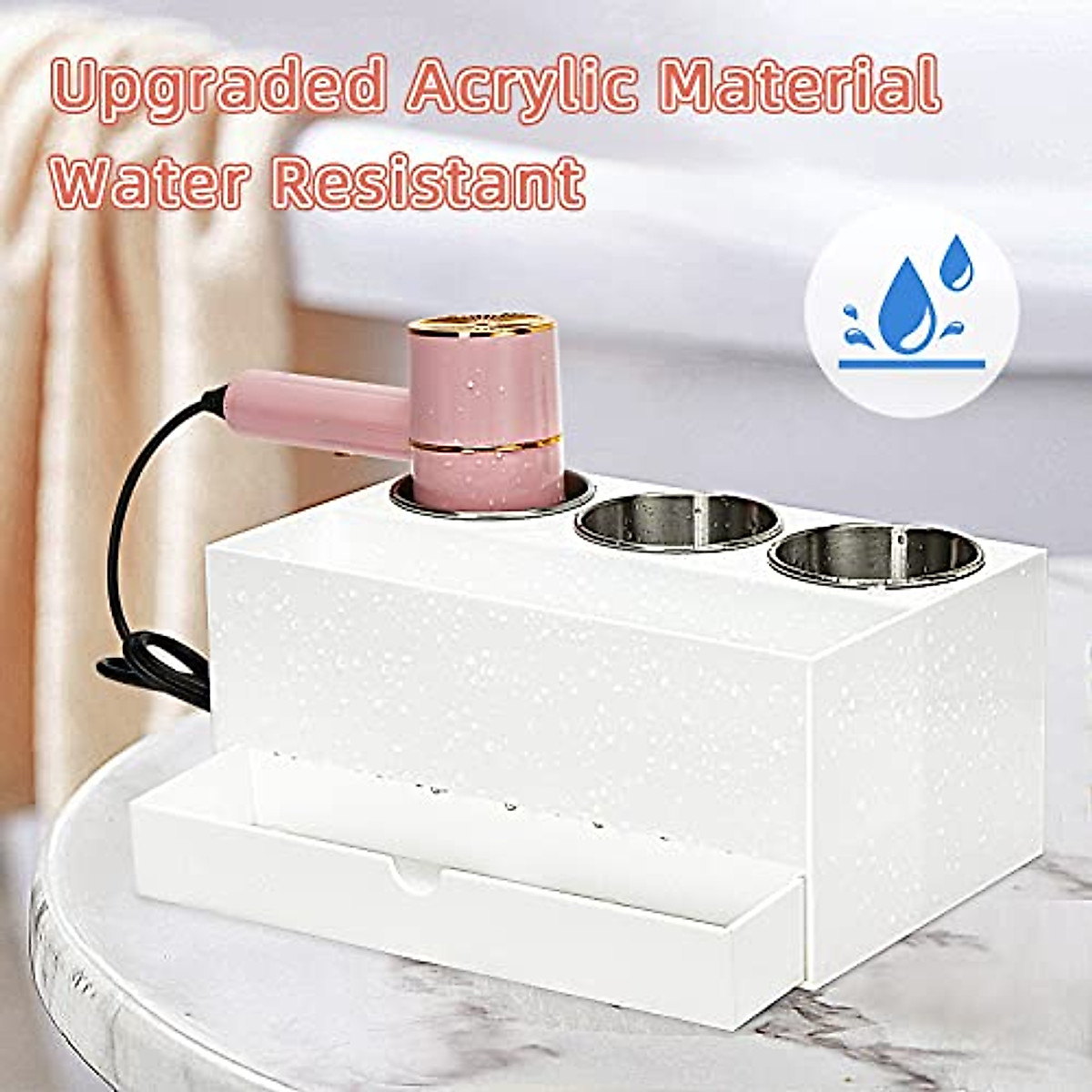 Hair Tool Organizer, White Acrylic Hair Dryer Holder with Drawer, Blow Dryer Holder Curling Iron Holder for Hair Product, Makeup