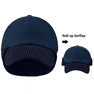 LCZTN Wool Winter Baseball Cap with Warmer Earflap for Men ＆ Women Outdoor Ski Visor Beanie Hat (Navy Blue)