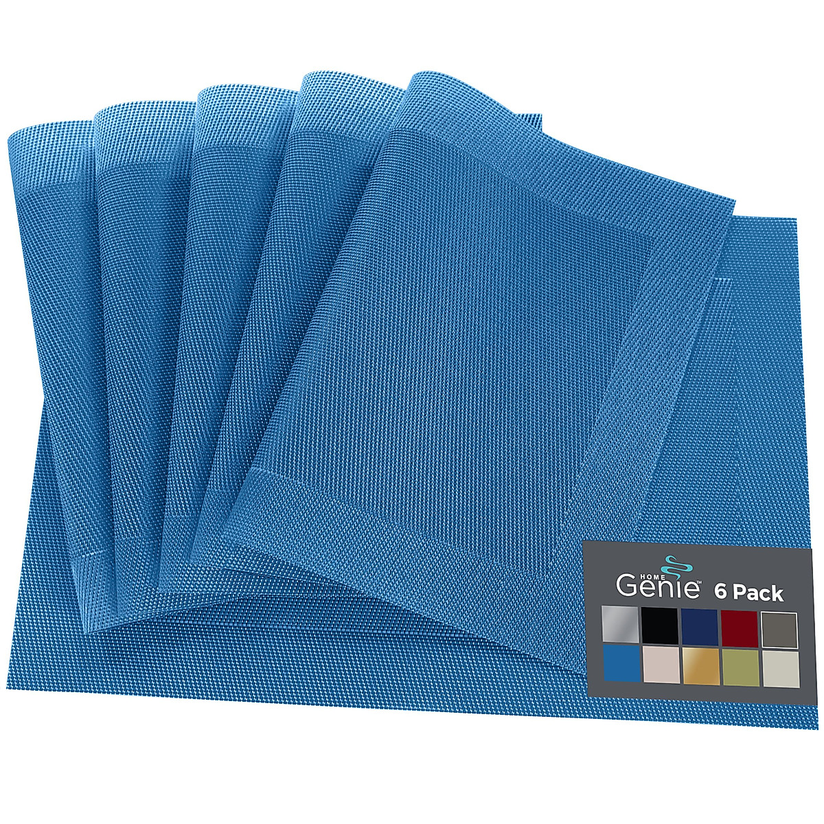 Home Genie Heat Resistant Placemats Set of 6, Dining Room Table Mats, Protect Surfaces, Woven Placemat Setting for Dinner, Washable Vinyl Food Grade Mat, Kitchen Decor Accessories, Size 18x12, Blue