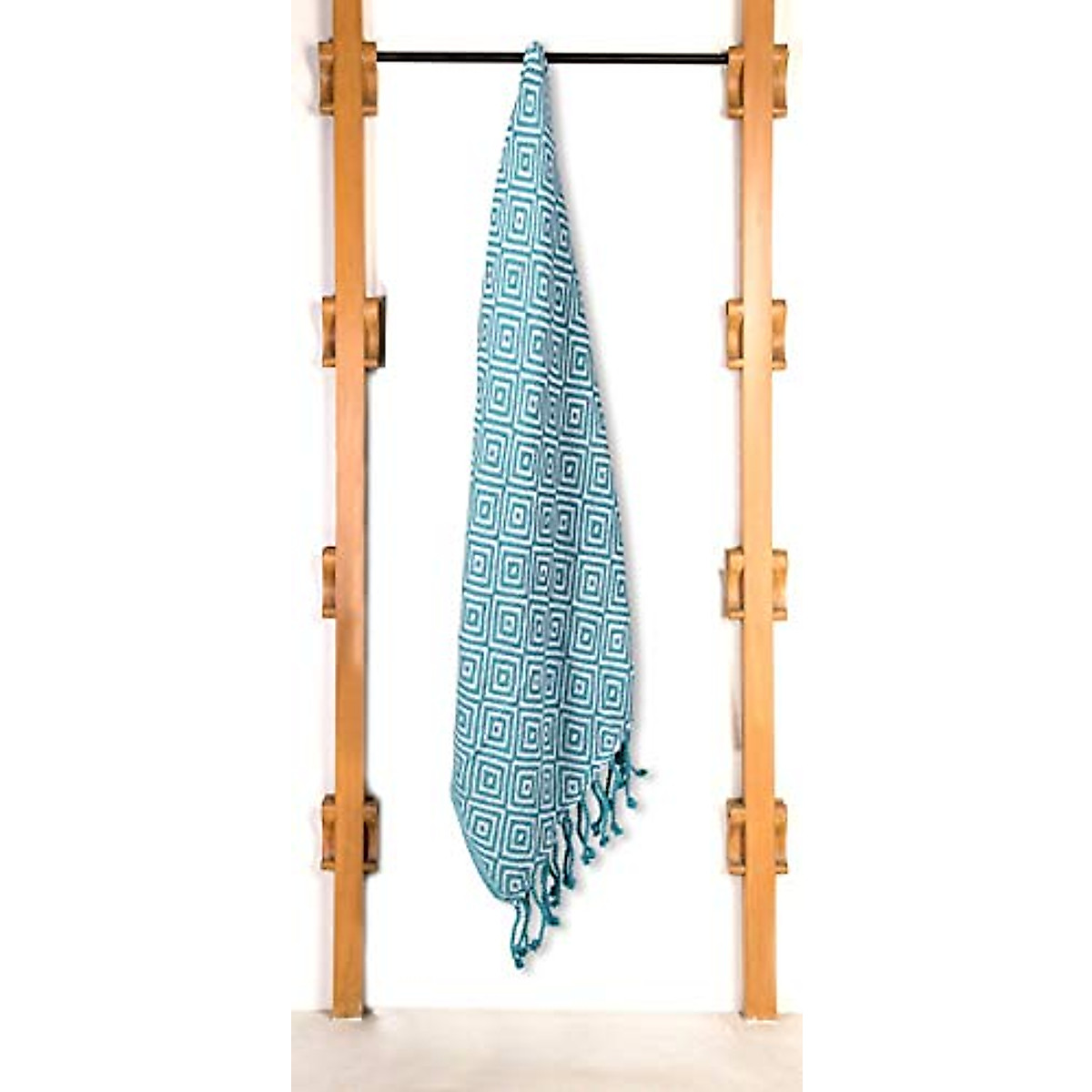 Throw Blanket With Fringes In Diamond Design 50x60 Inch - Teal White Cotton Throw For Sofa, Chair, Bed, & Everyday Use, Well crafted for durability, Farmhouse Throw,All Season Throw Blanket