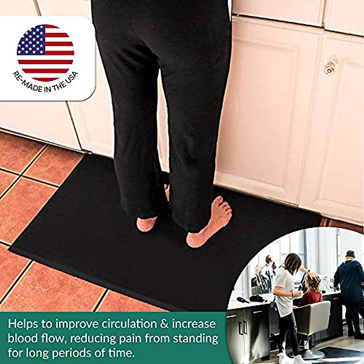 XCEL Black Rubber Anti Fatigue Mat for Kitchen Floor, Standing Desk, Salon - 32 x 18 x 1/2 Inch Thick - Soft, Non Slip, Heavy Duty Floor Mat to Stand on While Working - Home Office Accessories
