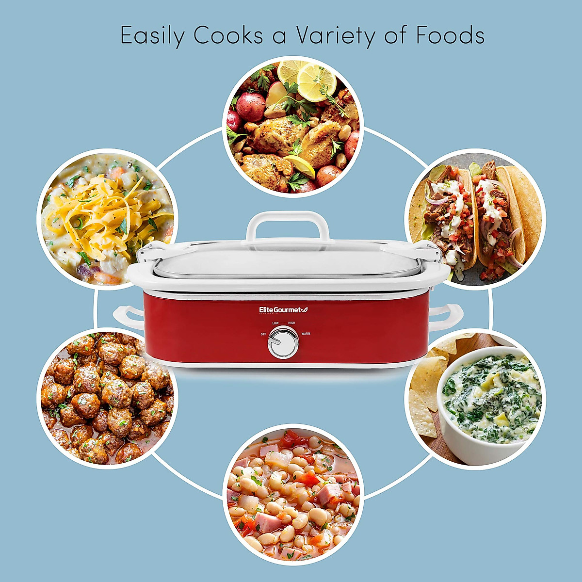 Elite Gourmet MST-5240 Casserole Crock Slow Cooker, Locking Lid Adjustable Temperature Keep Warm Oven & Dishwasher-Safe Casserole Pan, 3.5Qt Capacity, Red