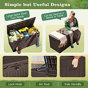 Flamaker Outdoor Storage Box 100 Gallon Waterproof Resin Deck Box with Air Rod Indoor Outdoor Lockable Storage Bench for Patio Cushions, Tools, Pool Accessories (Deep Brown)