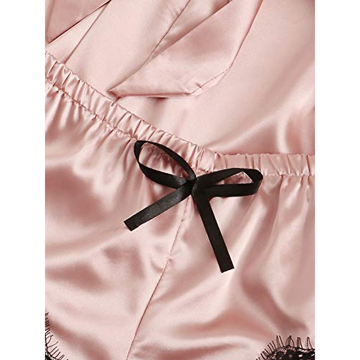 WDIRARA Women' Silk Satin Pajamas Set 4pcs Lingerie Floral Lace Cami Sleepwear with Robe Pink L