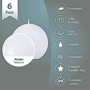 SPAAS Rustic White Round Candles - 3 Inch White Ball Candles - Use as Decorative Candles for Weddings, Celebrations, Holiday, and Home Decor - Set of 6 White Sphere Candles
