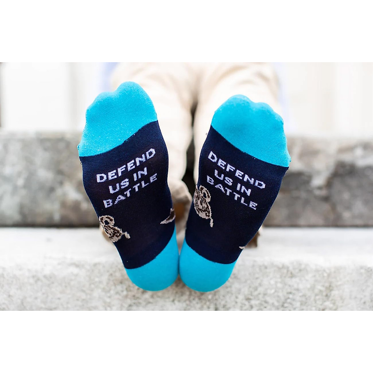 Sock Religious Defend Us In Battle St. Michael Navy and Sky Blue Boys and Girls One Size Fits Most Polyester Blend Catholic Inspirational Fun Crew Socks, Kids