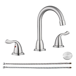 RKF Bathroom Faucets for Sink 3 Hole Brushed Nickel 8 inch Widespread Bathroom Sink Faucet with Drain Double Lever Handle Faucet Bathroom Vanity Faucet Basin Mixer Tap Faucet with Hose&Deck RKF03011
