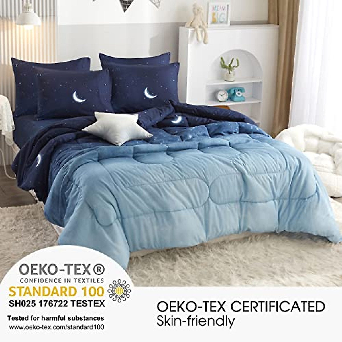 HYPREST Bed in A Bag Queen Comforter Set with Sheets - 7 Pieces Queen Teen Comforter Sets for Girls Boys, Monn Star Blue Bedding Comforter Sets Super Soft Lightweight Breathable(Oeko-Tex Certified)