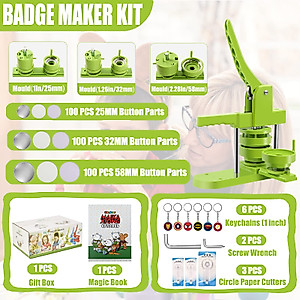 Button Maker Machine Multiple Sizes 1+1.25+2.25 inch, DIY Button Badge Maker Button Press Machine with 300Pcs Button Maker Supplies & Cutter & Keychains & Magic Book for Kids Button Maker Machine Gift