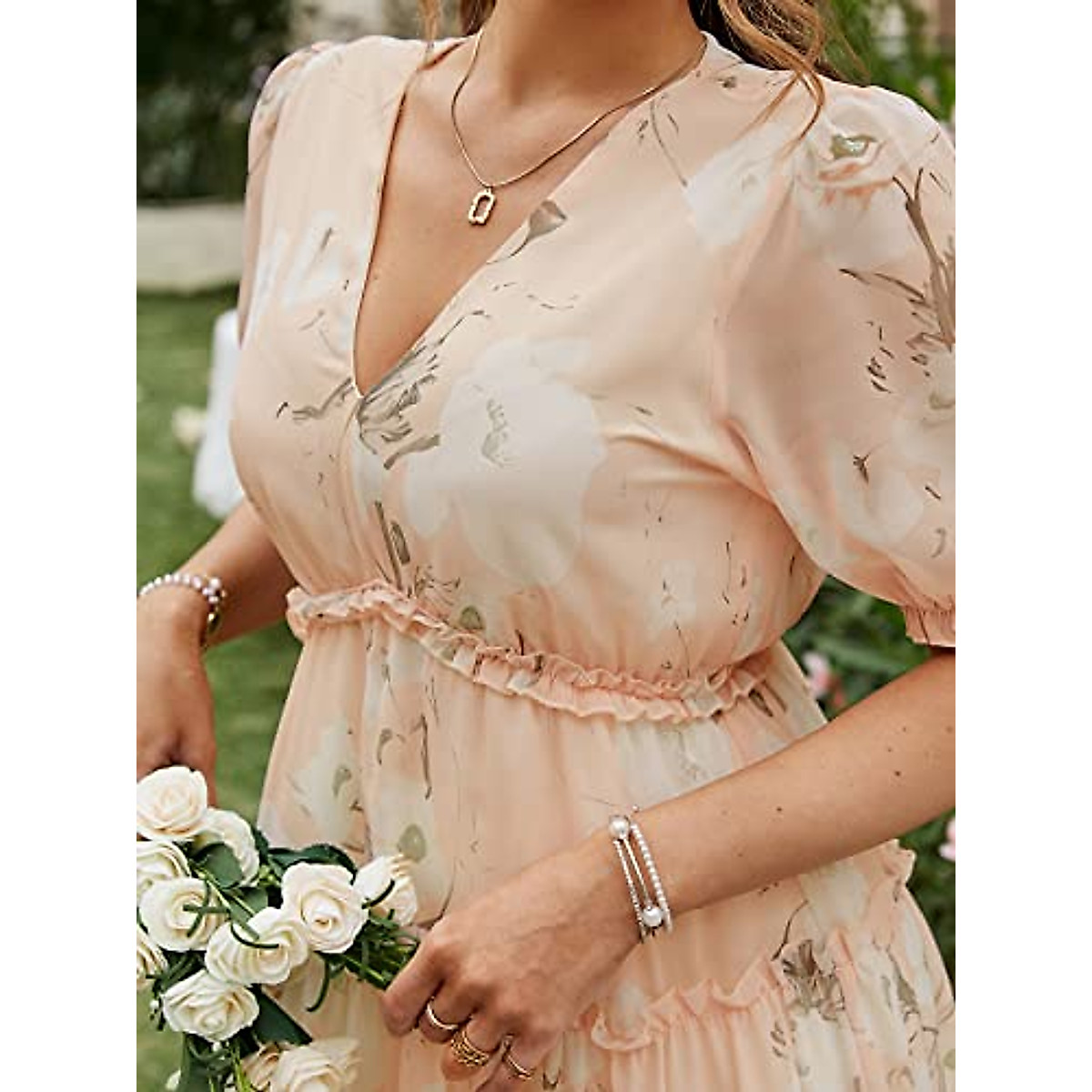 Amegoya Women's Beach Maxi Dress Summer Short Sleeve Lace Ruffle V Neck Long Dress Floral Print A Line Dress（M Pink）