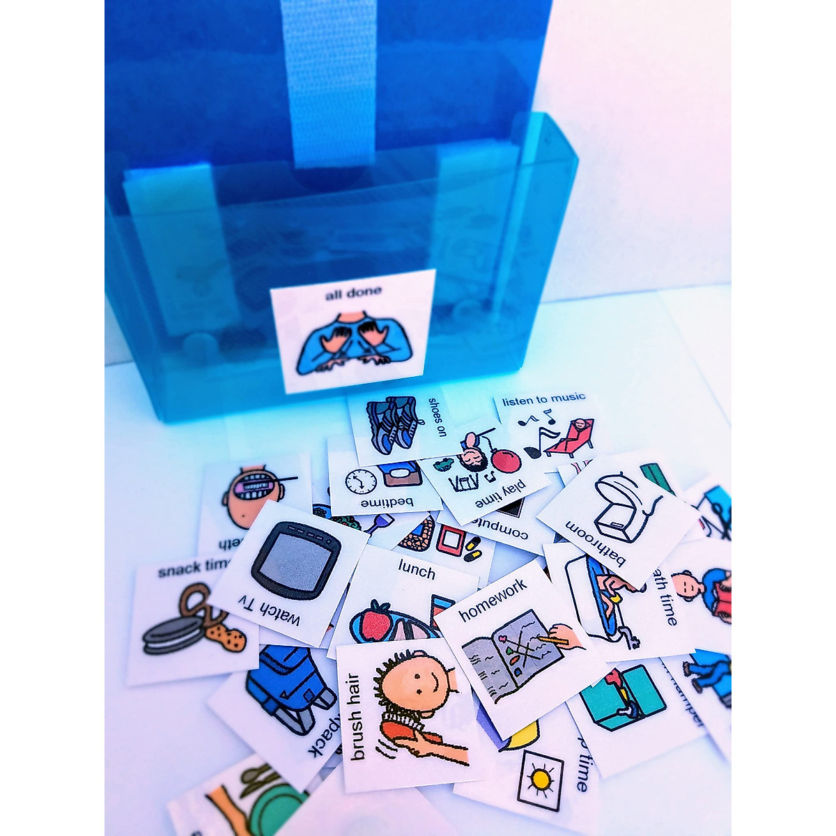 Kids Plastic or Laminated Visual Schedule Calendar Chart for Home, School, Centers, Photo Cards: Chores, Reinforcers, School, Behavior (One Strip Blue Schedule, Laminated/Cartoon 60 Home Cards)