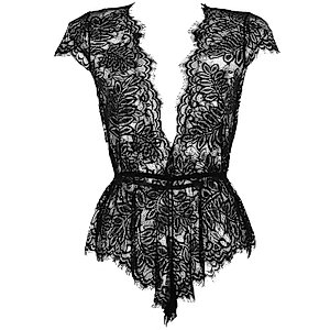Anyou Womens Lingerie V-Neck Lace Bodysuit Mini Babydoll Featuring Plunging Eyelash Size XS-XXL