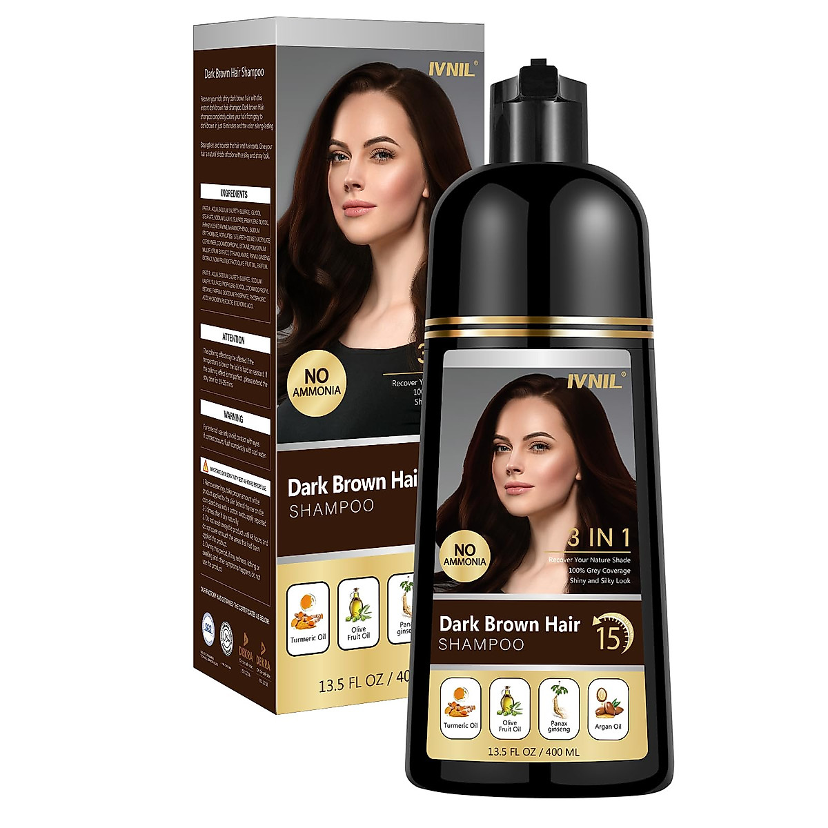 Ivnil Dark Brown Hair Dye Shampoo 3 in 1 Hair Color Shampoo for Gray Coverage Herbal Semi Permanent Champu Para Canas Con Tinte for Women and Men - Instant Result