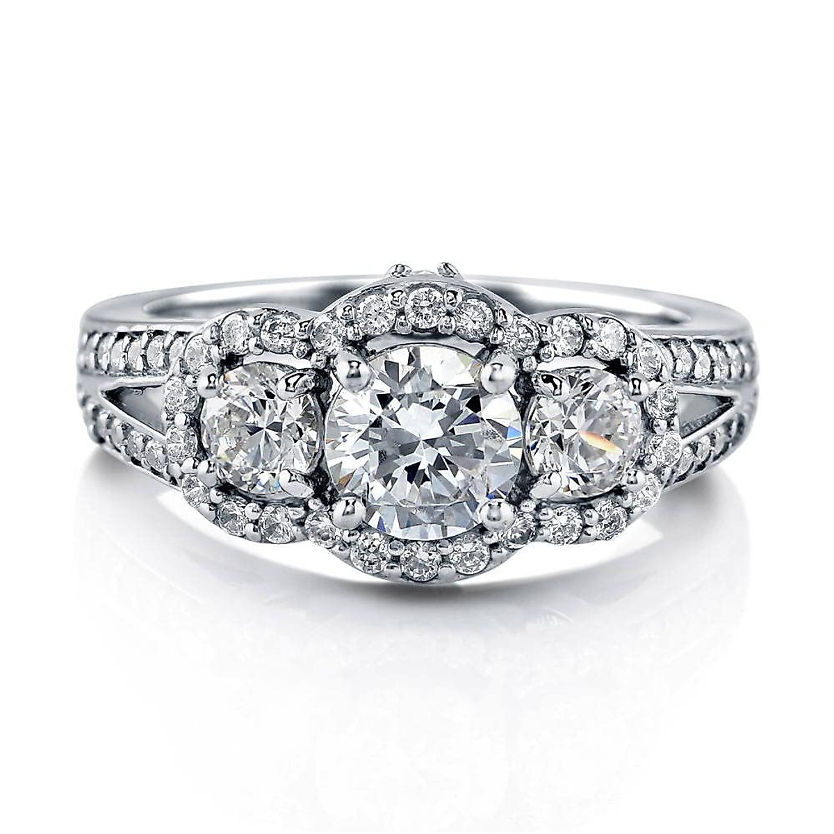 BERRICLE Sterling Silver 3-Stone Wedding Engagement Rings Round Cubic Zirconia CZ Split Shank Ring for Women, Rhodium Plated Size 8