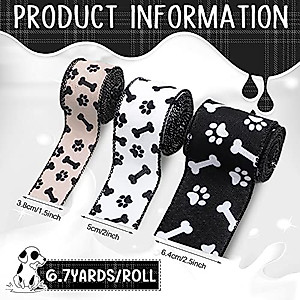 Waydress 3 Rolls 20 Yards Dog Paw Print Wired Edge Ribbon Burlap Craft Ribbons Gift Wrapping Ribbon Dog Paw Print Ornaments Fabric Ribbons for Christmas Home Party Wreath DIY Craft Bouquet Decoration