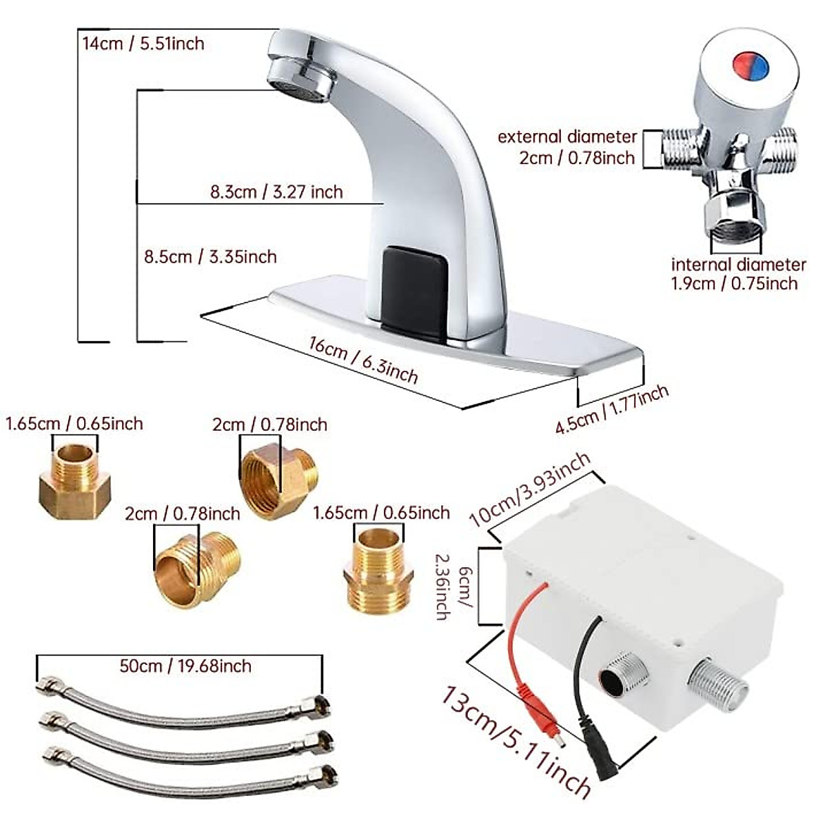 Automatic Touchless Bathroom Faucet Motion Sensor Sink Faucets, Hands Free Water Tap with Temperature Mixer Single Hole Cover Plate and 3/8" 1/2" Adapter & 3 Hoses, Chrome Finished