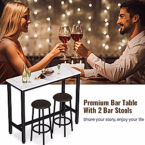AWQM Bar Table Set of 2, 47.2" Faux Marble Table Top,PU Leather Stools,3 Piece Pub Height Table Set,Breakfast Nook Dining Table Set with 2 Round Stools,Ideal for Living Room,Kitchen,Bar,White