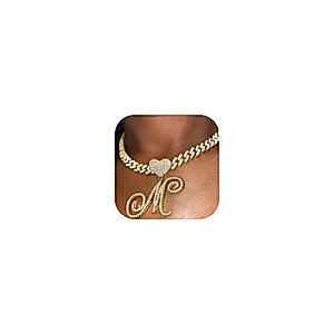Krfy Cursive Gold Initial Pendant Necklace Iced Out Miami Cuban Link Chain for Women 18K Gold Plated Alphabet Letter Pendant Choker Hip Hop Chain Trendy Rapper Jewelry