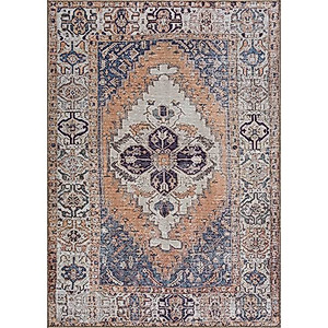 Bloom Rugs Washable 3x5 Rug - Orange/Blue/Beige Traditional, Distressed Area Rug for Living Room, Bedroom, Dining Room and Kitchen - Exact Size: 3' x 5'