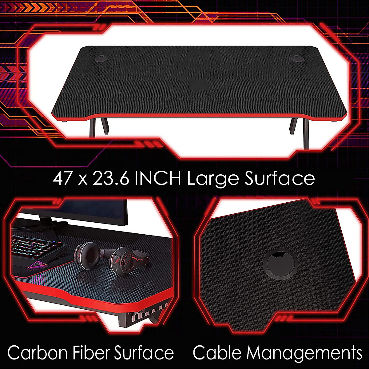 Arespark Gaming Desk with LED Lights, 47in Ergonomic Home Office Tables PC Study Desks, K-Shaped Carbon Fiber Surface Computer Desk Gamer Table Christmas Day Gamer Gift (47 Inch)