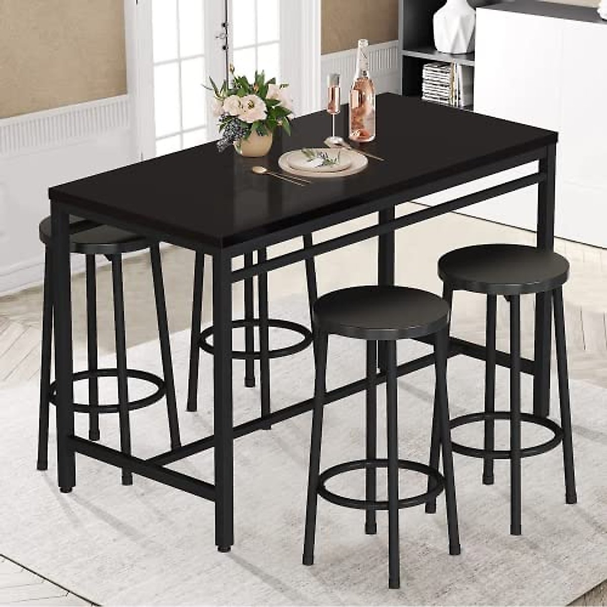 AWQM Counter Height Table with 4 Stools, 5-Piece Pub Table Set for Small Space Kitchen Breakfast Table, Bar Table and Chairs Set, Kitchen Dining Table Set, Space Saving Furniture (Black)