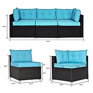 Einfach 3 Pieces Patio Furniture Sectional Conversation Set, Black PE Rattan Wicker with Blue Cushions, Outdoor and Indoor