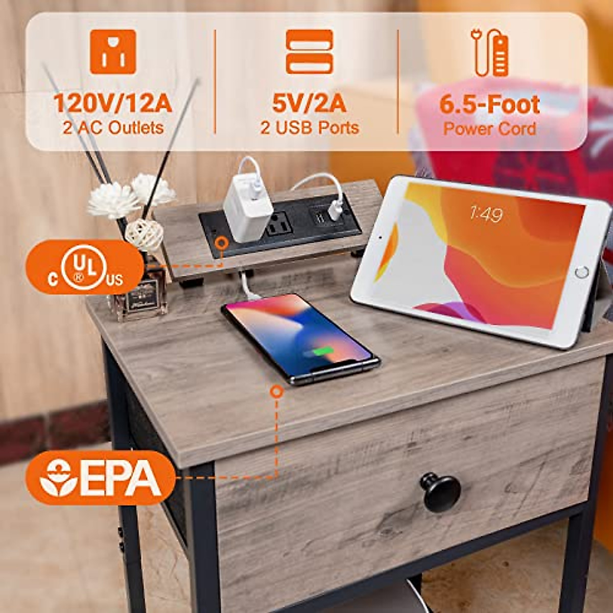 AMHANCIBLE Night Stand Set 2, Small Nightstand with Charging Station, End Side Tables Living Room with USB Ports & Outlets, Slim Bedside Table with Drawers for Bedroom HET03SDPGY(Greige)