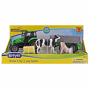 Breyer Horses Breyer Farms Tractor and Tag-a-Long Wagon Playset | 5" H x 11" L x 4" D | Cow and Pig Included | 1:32 Scale | Model #59238, Green