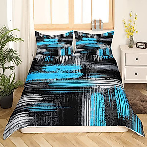 Feelyou Blue Black and Grey Comforter Cover Geometric Artistic Smear Bedding Set Abstract Graffiti Art Duvet Cover Contemporary Modern Brush Design Room Decor Bedclothes Twin Size (No Comforter)