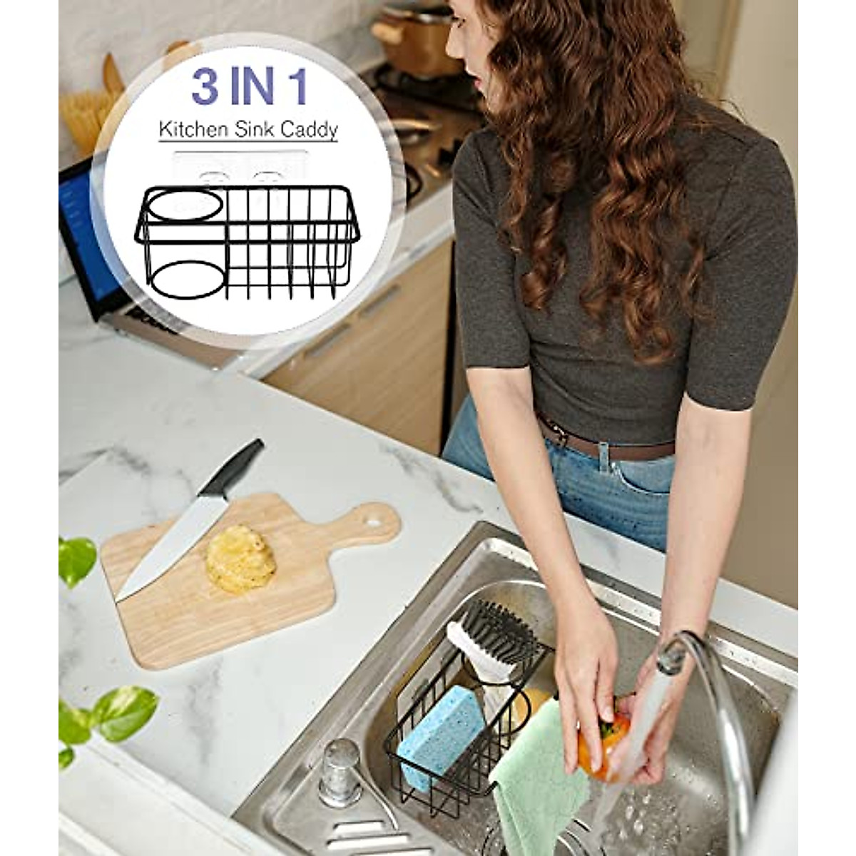 VIS'V 3 in 1 Sink Caddy Sponge Holder, 304 Stainless Steel Adhesive Kitchen Sink Basket Sponge Holder Brush Holder Dishcloth Hanger Kitchen Sink Accessories Organizer Rack with 2 Suction Cups - Black