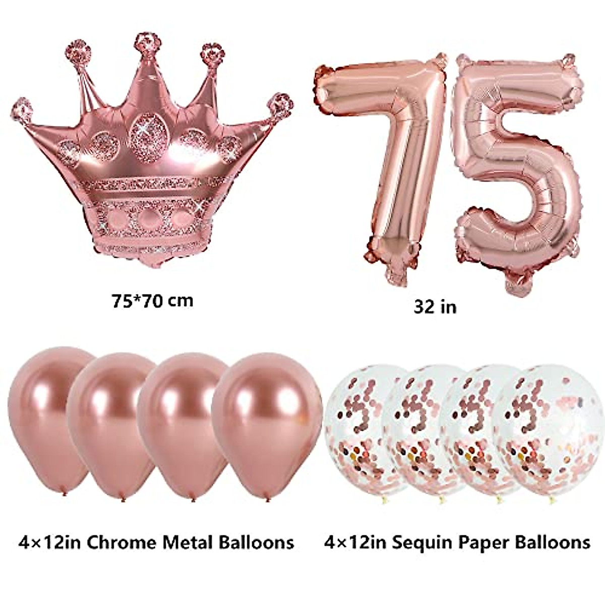 KUNGOON 75th Birthday Balloon,Rose Gold Number 75 Mylar Balloon,Funny 75th Birthday/Wedding Anniversary Crown Aluminum Foil Balloon Decoration for Women/Men.