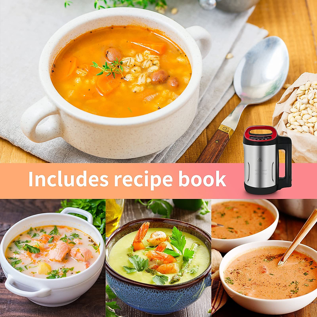 Potlimepan Soup Maker 1.6 L, 6 in 1 Multi-Funcation Soup and Smoothie Maker with Smart Control Panel, Stainless Steel Hot Soup Maker Electric, Makes 2-5 Servings Smart Living for Home Use Red