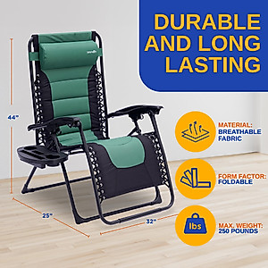 SereneLife Padded Zero Gravity Lounge Chair - Reclining Patio Chairs - Outdoor Lounge Chairs with Detachable Cup Holder Tray - Folding Recliner Chair with Removable Pillows - 1, Green and Black