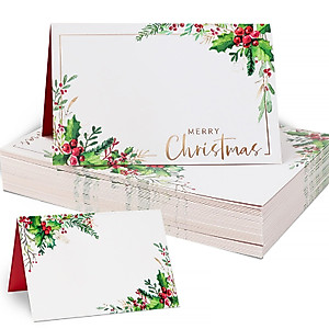 50pcs Christmas Place Cards for Table Setting Holiday Holly Berry Tented Foldable Name Place Cards for Tables Christmas Party (Merry Christmas)