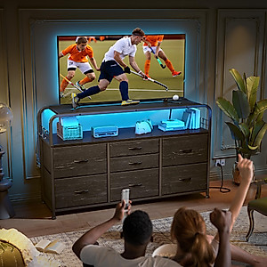 EnHomee Black Dresser for Bedroom with LED Lights & Charging Station, 7 Drawer Dresser with Open Shelf, Fabric Bedroom Dressers & Chest of Drawers for Closet, Entryway, Hallway, 4 Hooks