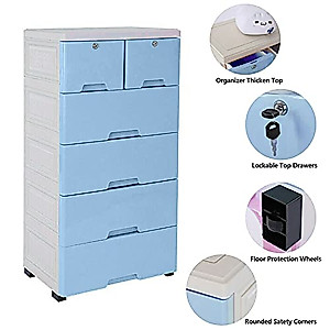 Plastic Storage Cabinet 6 Drawer Units Vertical Clothes Storage Tower Dresser Small Closet Organizer Shelf Lockable for Clothes,Toys,Bedroom,Playroom (Blue)