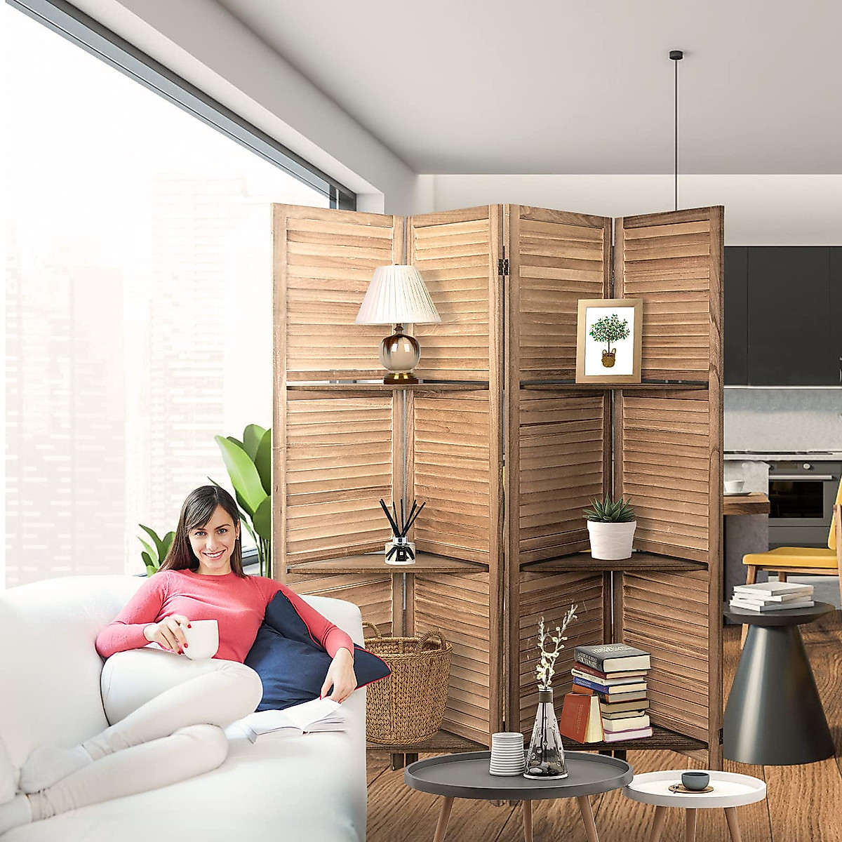 Babion 4 Panels Room Divider, Privacy Screen Room Dividers and Folding Privacy Screen, Room Dividers with 3 Display Shelves, 5.6 Ft Tall Wood Room Divider, Partition Wall for Home Office, Brown