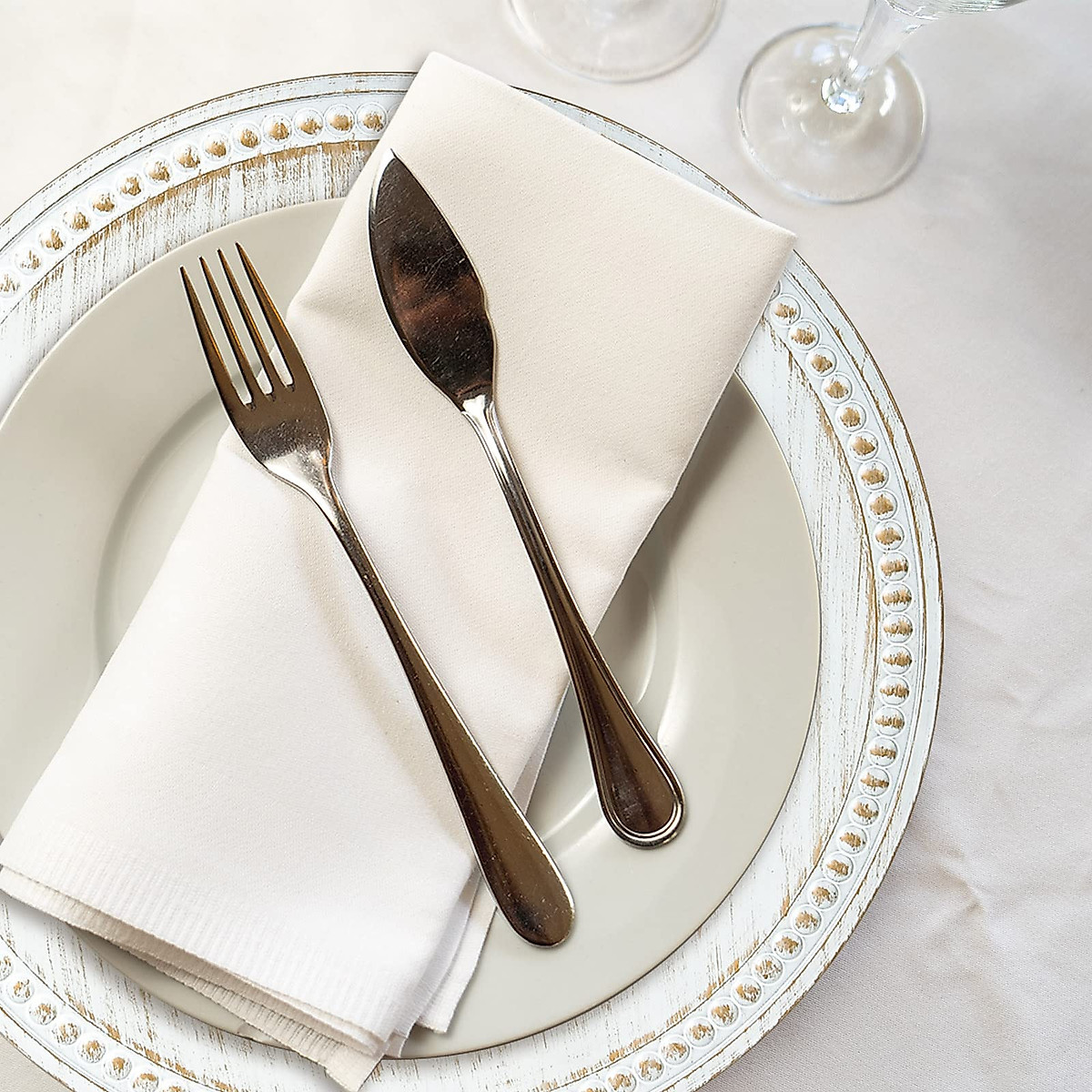 Kazozobi 13" Vintage Charger Plates, Beaded Chargers for Dinner Plates Set of 6, Charger Plates Bulk Wedding, White