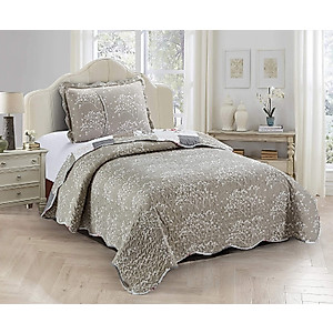 Brilliant Sunshine Roses and Toile Quilt Set, 2-Piece Bedding Sets with 1 Sham, Patchwork Design, Washable and Reversible Bedspread, Soft Lightweight Coverlet, All-Season, Twin/Twin XL, Rose Grey