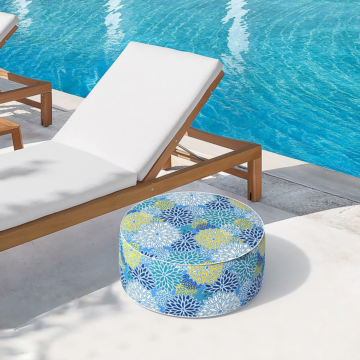 TWLEAR Indoor/Outdoor Inflatable Ottoman D21 x H9 inch, Round Footstool Inflatable Foot Rest Ottoman with Handle, Portable Ottoman Pouf for Patio, Garden, Camping, Home, Dahlia Blue