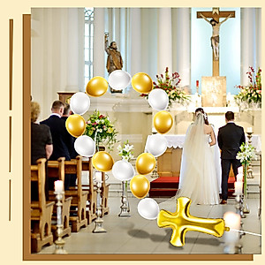 102 Pieces 12 Inch Latex Link Balloons and 34 Inch Gold Cross Balloon Needle Tail Balloons Quick Connect Balloons Jumbo Baptism Balloons Foil Party Balloons for First Communion Baby Shower Decoration